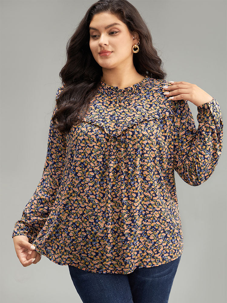 Plus Size Blouses | Ditsy Floral Shirred Ruffle Trim Blouse | BloomChic