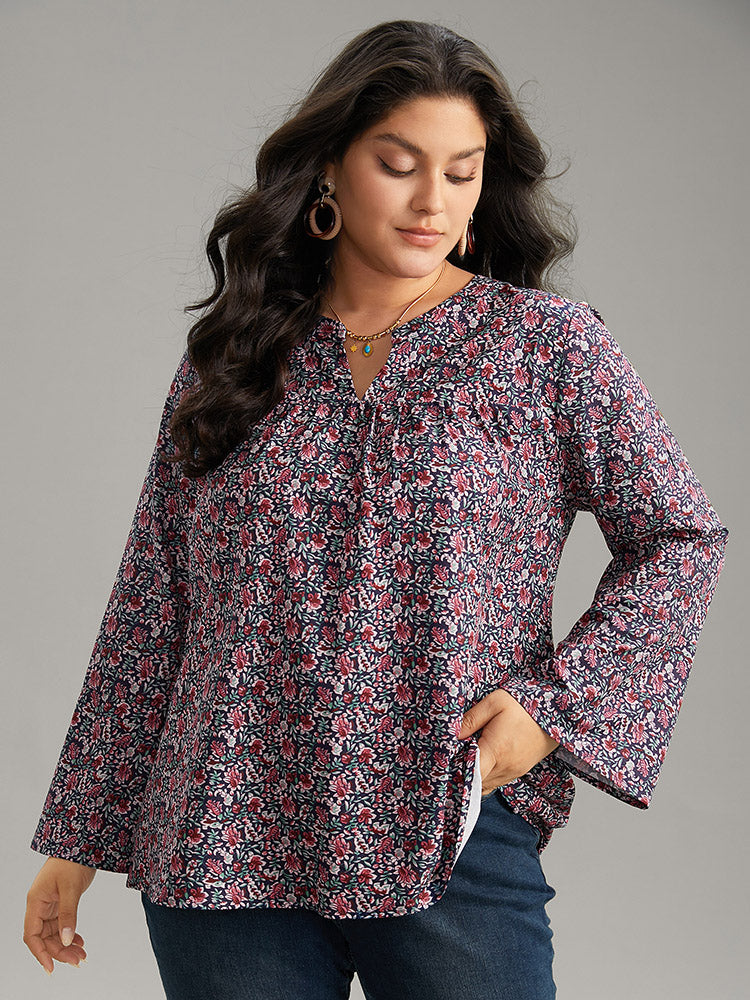 Plus Size Blouses | Ditsy Floral Notched Bell Sleeve Blouse | BloomChic