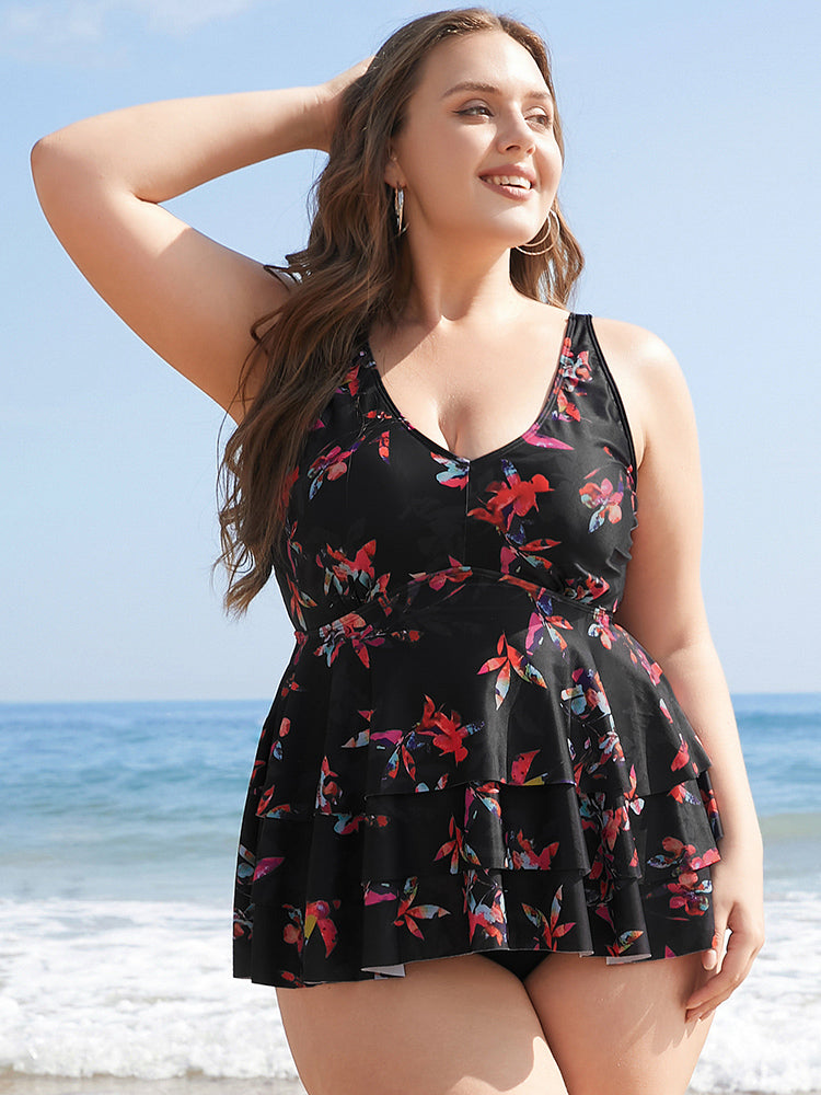 Floral Printed Ruffle Tiered A Line Tankini Top BloomChic