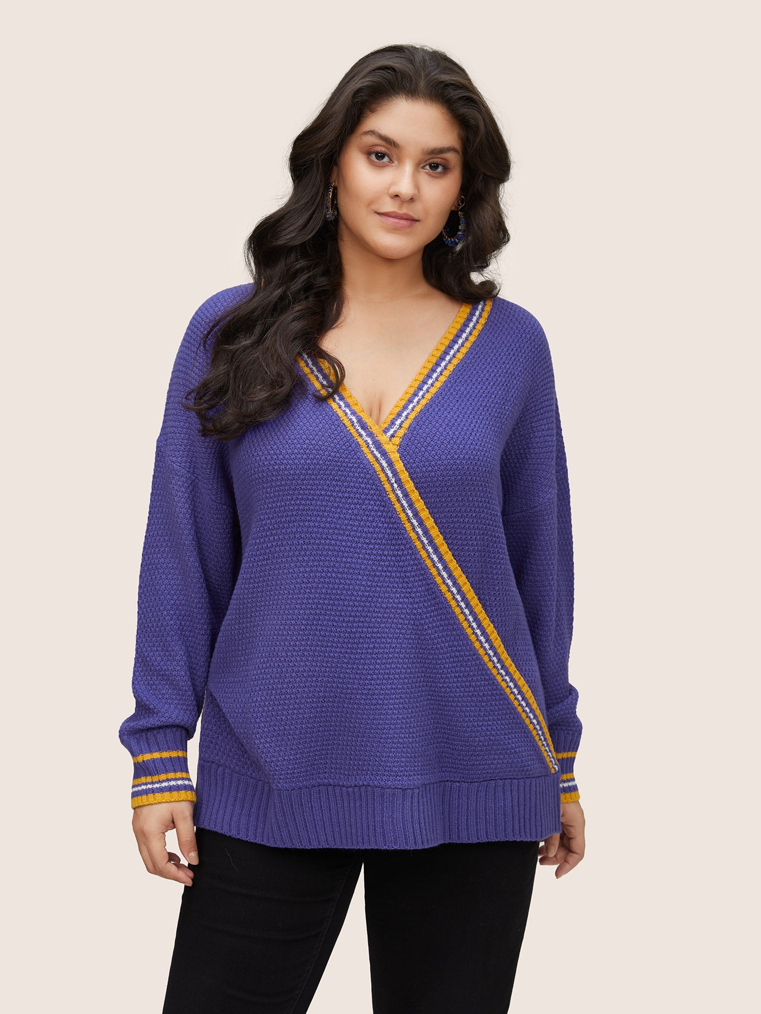 Plus Size Pullovers | Striped Contrast Wrap Knit Pullover | BloomChic