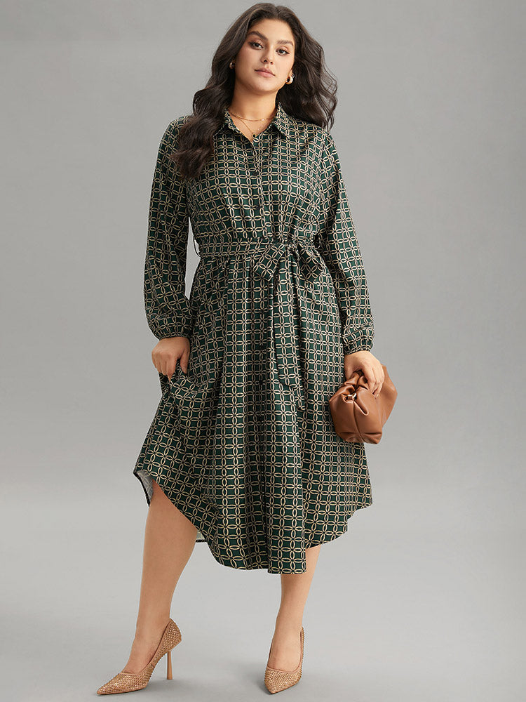 Plus Size Dresses | Geometric Belted Curved Hem Lantern Sleeve Dress ...