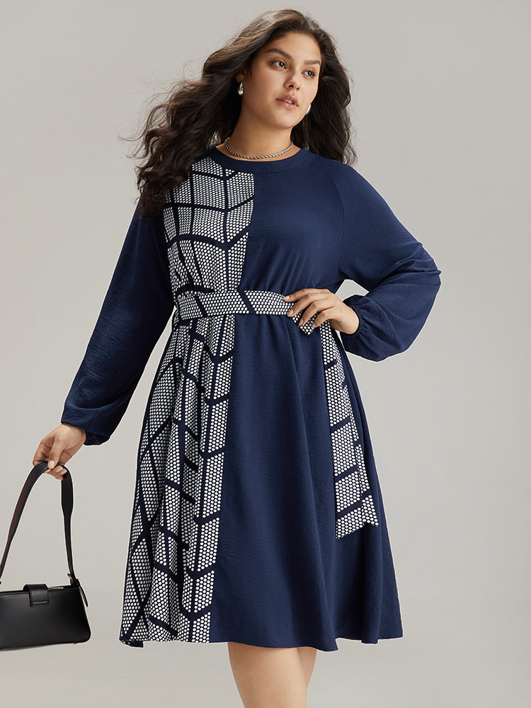 Plus Size Dresses | Polka Dot Geometric Patchwork Belted Dress | BloomChic